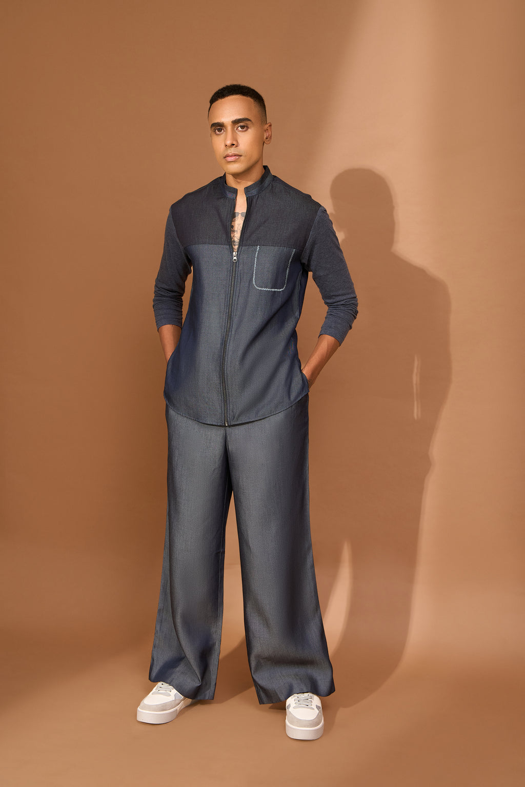 Colorblocked shirt with zipper at front & jersey sleeve – Vivek Karunakaran