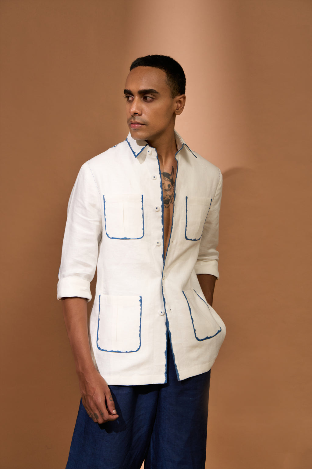 Shaket with indigo handpainted edges – Vivek Karunakaran