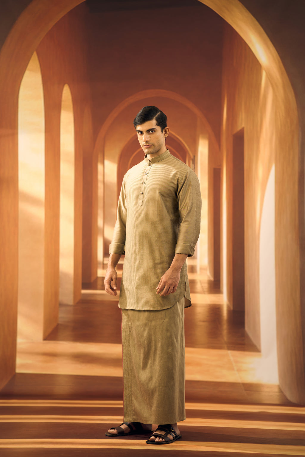 Olive Zigzag Textured Border Veshti – Vivek Karunakaran